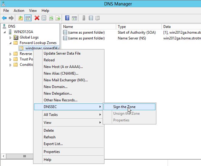 DNSSEC signing a zone with Windows Server 2012